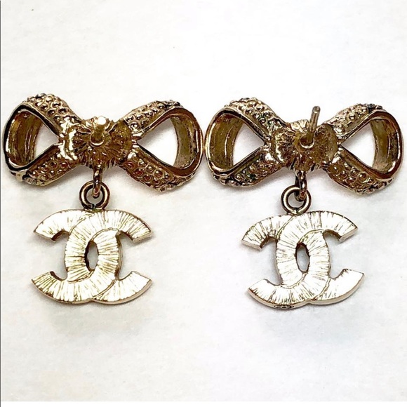 CHANEL | Jewelry | Authentic Crystal Cc Ribbon Bow Dangle 3s Stud ...